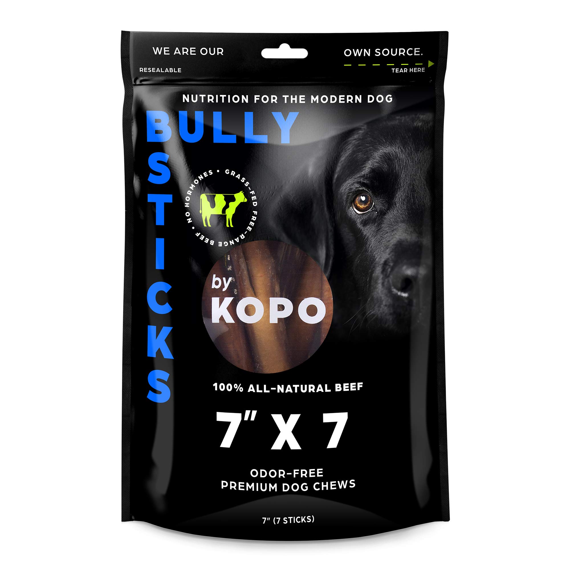 Kopo Bully Sticks 7-inch (7 Pack) - Odor Free Natural Dog Treats - 100% Beef, Fully Digestible, Long Lasting, No Hide Dog Chews