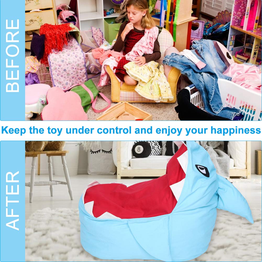 Kids Bean Bag Chair,Adorable Shark Large Capacity Stuffable Zipper Plush Toy Organizer Children Toy Seat Stuffed Storage Bag for Pillows Towels Clothes (Blue)