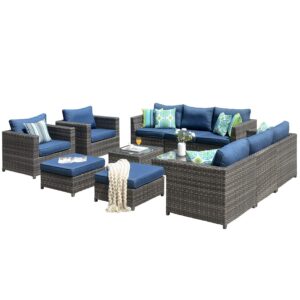 ovios Patio Furniture Set, 12 PCS Big Size Outdoor Furniture Set All Weather Rattan Wicker Sofa Sectional Set with Glass Table, Garden, Backyard, No Assembly Required (Grey-Denim Blue)