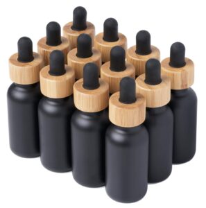 focus nutrition 12 pack black coated boston round essential oils aromatherapy glass bottles jar with bamboo dropper cap, 1oz