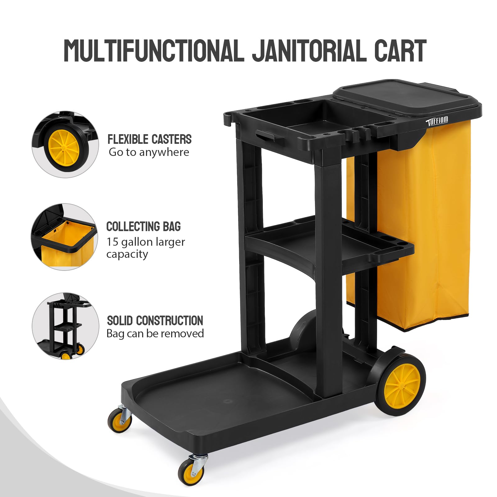 TUFFIOM Commercial Traditional Cleaning 3-Shelf Janitorial Cart, 500 Lbs Capacity Housekeeping Cart, Wheeled with Yellow VinylBag and Cover w Lid, Black