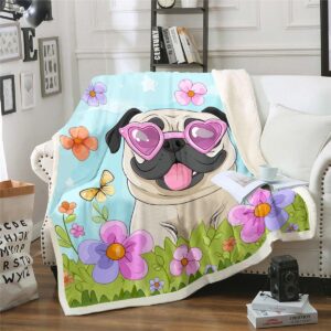 erosebridal boy cartoon sherpa blanket cute pug flannel blanket kawaii puppy plush blanket butterfly pet fleece blanket for kids girls purple floral, nursery bed blankets throw 50"x60"