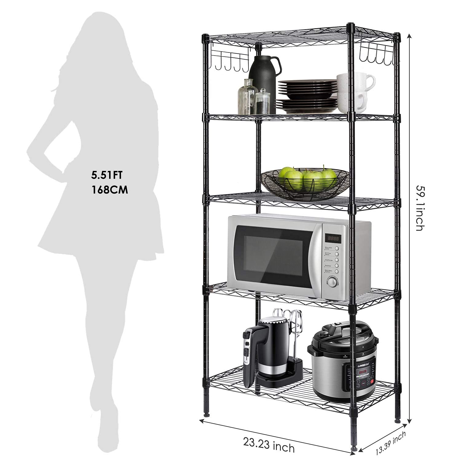 LEHOM 5-Tier Metal Storage Shelves 23.63" L×13.78" W×59.1" H Wire Shelving Unit Storage with Adjustable Leveling Feet for Laundry Bathroom Kitchen,Steel Organizer Wire Rack 220 LBS Capacity