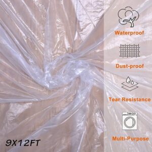 OIYEEFO Clear Plastic Sheeting Drop Cloths for Painting, 5 Pcs 9x12ft Plastic Tarp Waterproof Dustproof Almost Tear Resistance Multi-Purpose Furniture Cover Floor Wall Protection Film