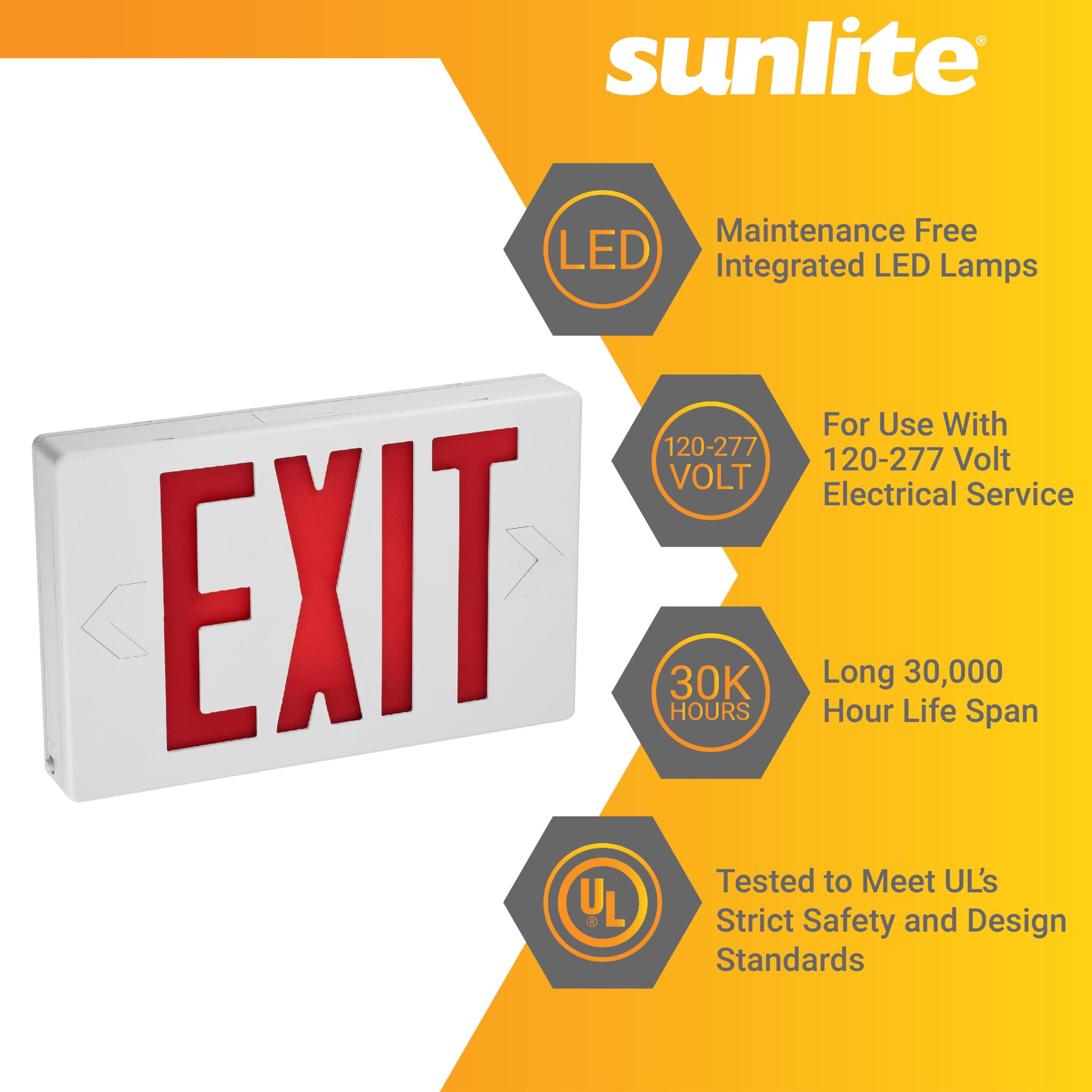 Sunlite 05271-SU Compact LED Exit Sign, 0.25 Watts, 120-277 Volt, 90-Minute Battery Backup, Wall Mount, IP20, UL Listed, White