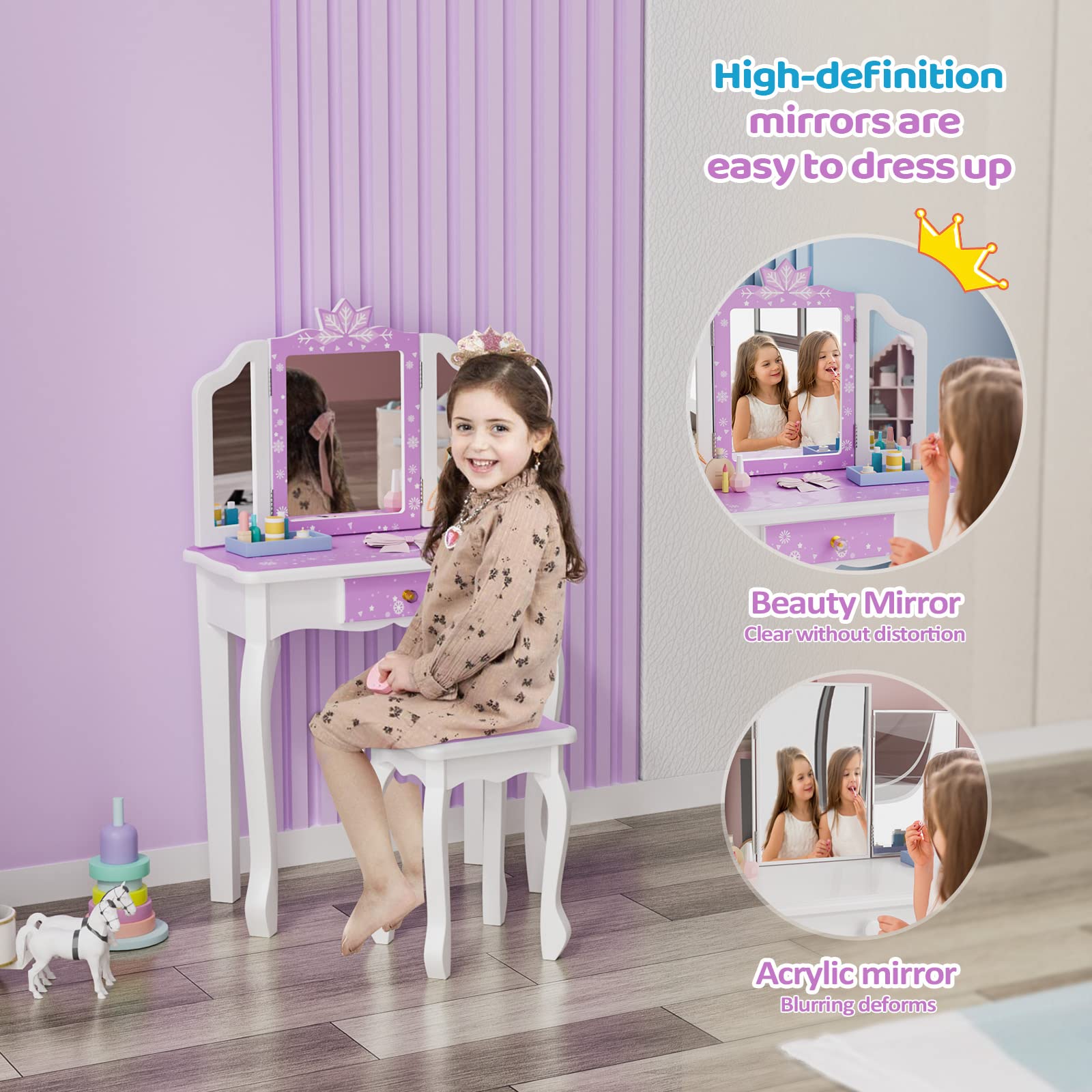 JOYMOR Kids Vanity Set, Wooden Princess Makeup Table with Stool, Tri-Folding Mirror, Large Drawer, Solid Wooden Legs Pretend Beauty Make Up Dressing Play Set for Girls Best Gift (Purple)