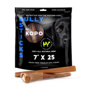 Kopo Bully Sticks 7-inch (25 Pack) - Odor Free Natural Dog Treats - 100% Beef, Fully Digestible, Long Lasting, No Hide Dog Chews