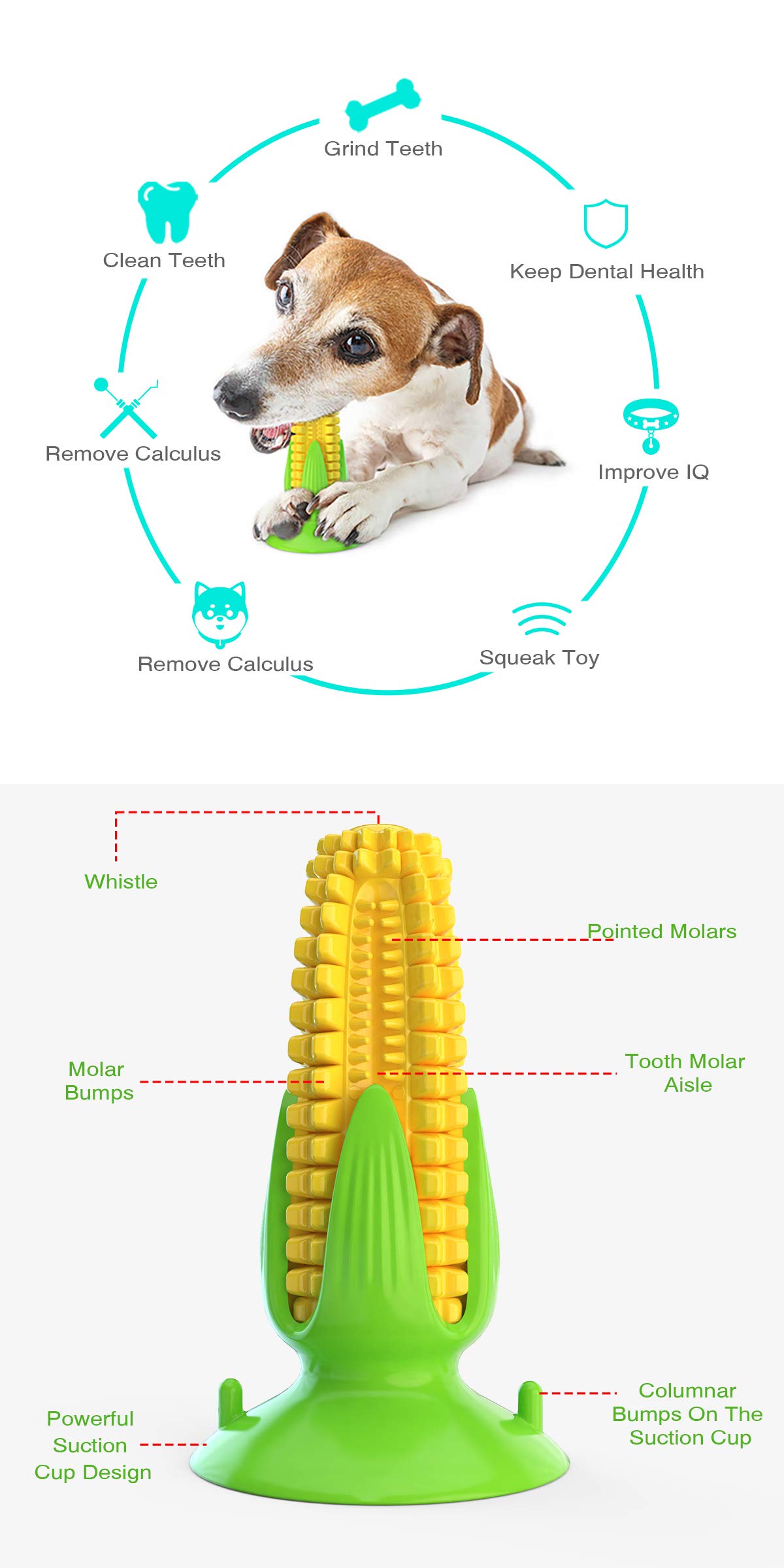 ASWER Dog Toothbrush Chew Toy for Aggressive Chewers Corn Dog Teeth Cleaning Squeaky Toys Durable Dog Dental Care Chew Stick for Large Medium Small Breed Puppy with Suction Cup