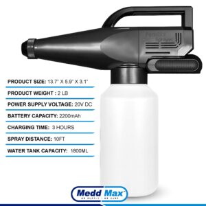 Medd Max Cordless Handheld Electrostatic – Fogger Machine, Atomizer Sprayer – Battery Powered Nano Spray Gun – Portable Electric Fine Mist Sprayer – Holds 1.8L