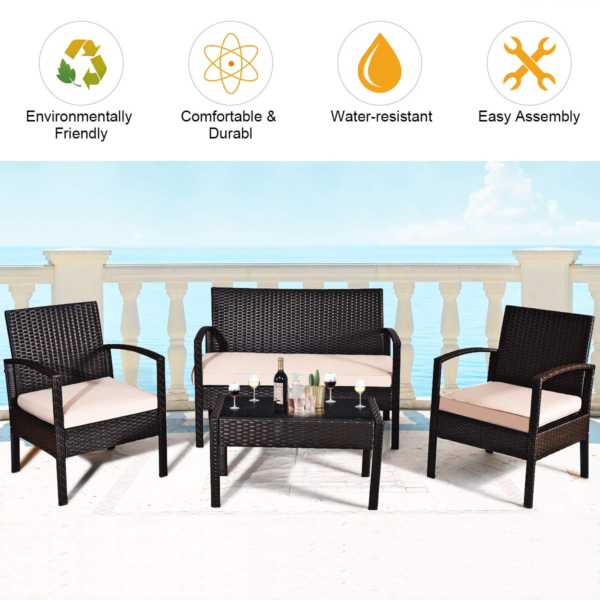 DORTALA 4 Piece Wicker Patio Furniture Set, Outdoor PE Rattan Conversation Set with Loveseat, Chairs & Coffee Table for Backyard Porch Garden Poolside Balcony