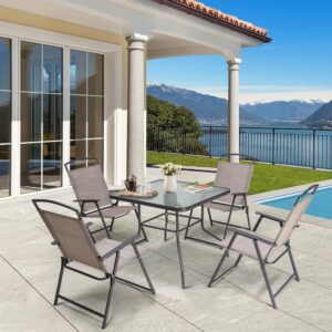 crestlive products 5 piece patio dining set with 4 folding chairs and table outdoor dining furniture with square glass tabletop, umbrella hole for bistro, garden, backyard, deck (beige)