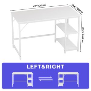 JOISCOPE Home Office Computer Desk with Wooden Storage Shelf,Office White Desk and Gaming Table with Splice Board,2-Tier Industrial Morden Laptop Study Writing Desk,48 x 24 inches(White Finish)