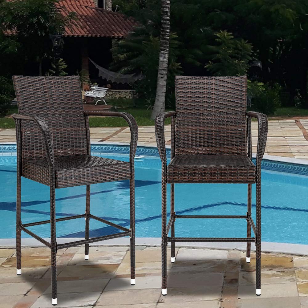 VINGLI Wicker Bar Stools Outdoor Set of 2, Outdoor Bar Height Chairs, Patio Furniture Bar Stools Wicker for Garden Pool Lawn Backyard