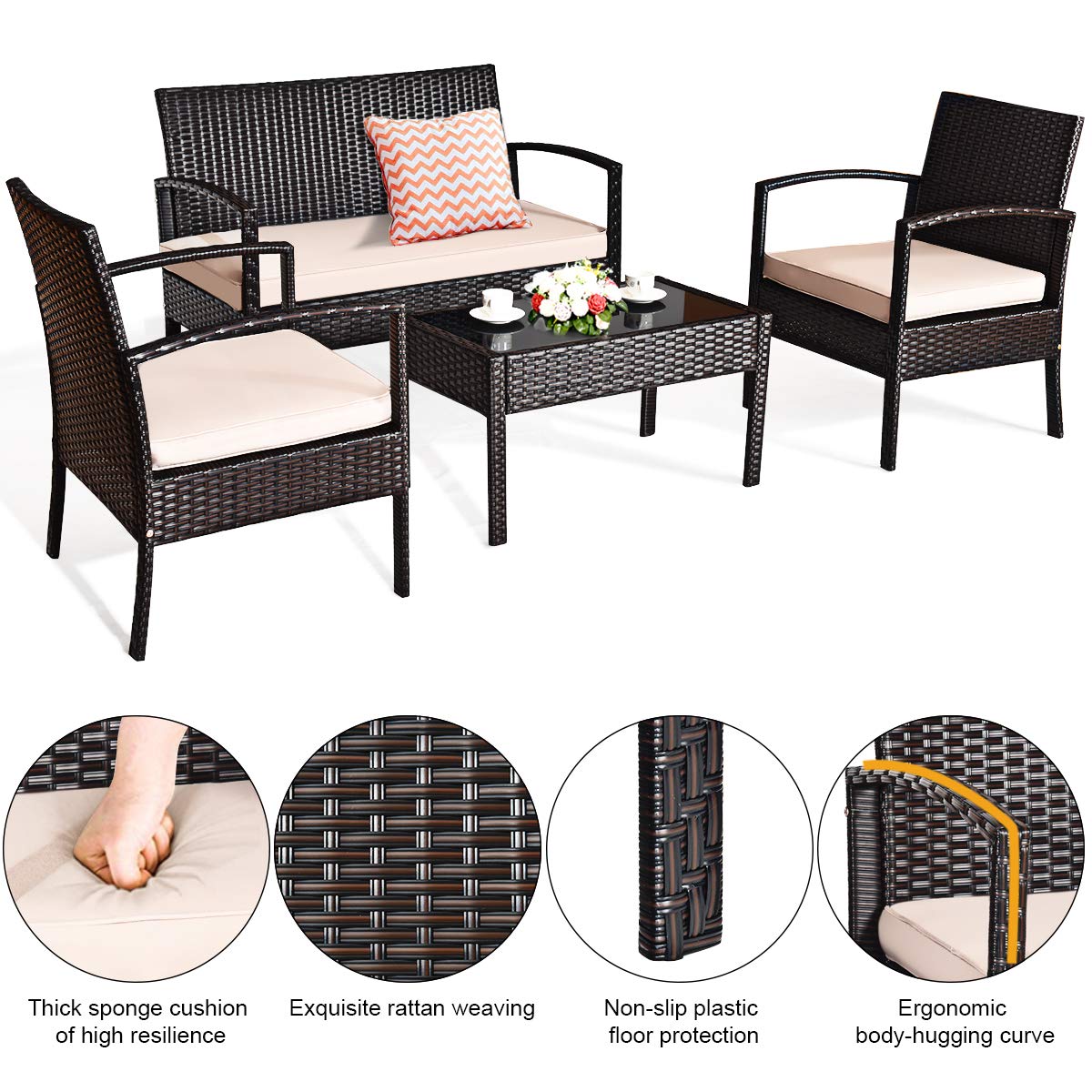 DORTALA 4 Piece Wicker Patio Furniture Set, Outdoor PE Rattan Conversation Set with Loveseat, Chairs & Coffee Table for Backyard Porch Garden Poolside Balcony