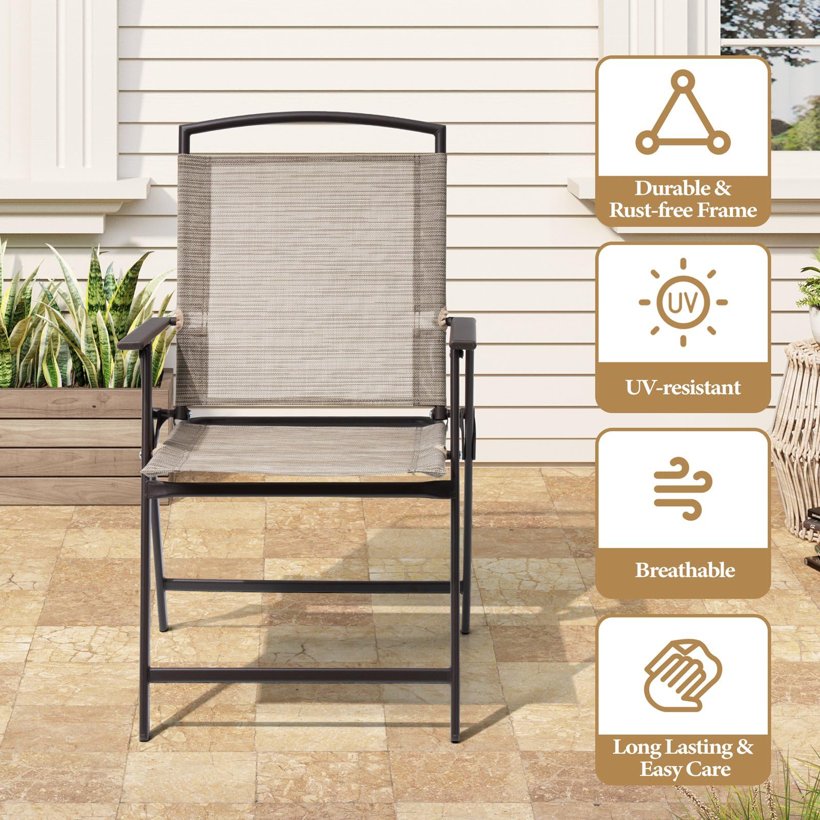 Crestlive Products Set of 4 Patio Folding Chairs 4-Pack Dining Chairs Outdoor Portable Sling with Armrest for Camping, Beach, Garden, Pool, Backyard, Deck (Beige)