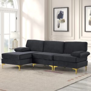 Casa Andrea Milano Modern Large Velvet Fabric Sectional Sofa Couch with Extra Wide Chaise Lounge with Golden Legs