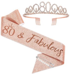 80th birthday sash and tiara for women, rose gold birthday sash crown 80 & fabulous sash and tiara for women, 80th birthday gifts for happy 80th birthday party favor supplies