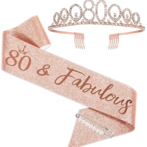 80th Birthday Sash and Tiara for Women, Rose Gold Birthday Sash Crown 80 & Fabulous Sash and Tiara for Women, 80th Birthday Gifts for Happy 80th Birthday Party Favor Supplies