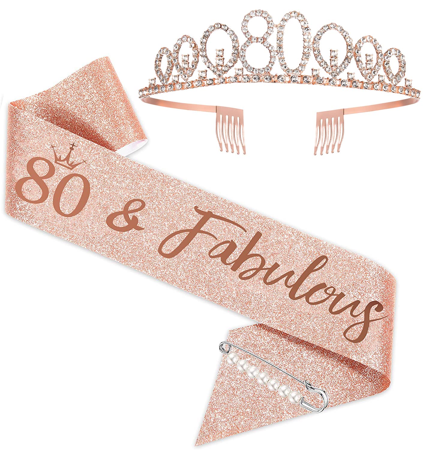 80th Birthday Sash and Tiara for Women, Rose Gold Birthday Sash Crown 80 & Fabulous Sash and Tiara for Women, 80th Birthday Gifts for Happy 80th Birthday Party Favor Supplies