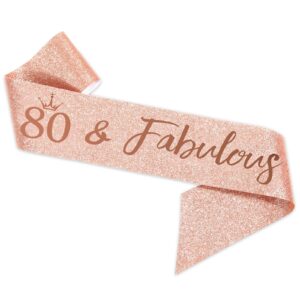 80th Birthday Sash and Tiara for Women, Rose Gold Birthday Sash Crown 80 & Fabulous Sash and Tiara for Women, 80th Birthday Gifts for Happy 80th Birthday Party Favor Supplies