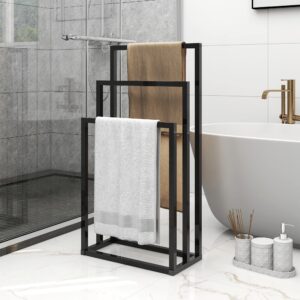 jurmerry freestanding towel holder with 3 towel stand rails for bath & hand towels,black