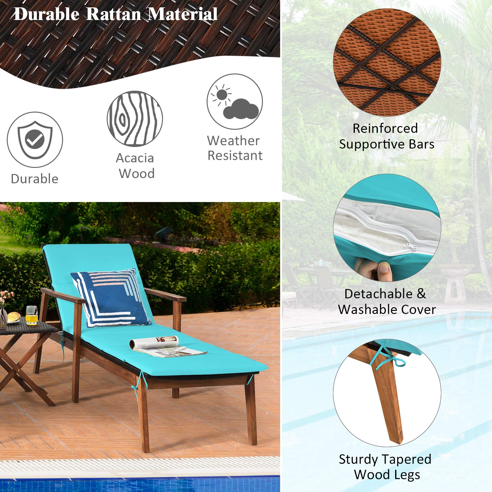 Tangkula Patio Chaise Lounge Sets, Outdoor Acacia Wood Chaise Lounger Chair w/ 4 Adjustable Back Position, Folding Table, 3 Piece Rattan Reclining Chair Set w/Cushion for Lawn Backyard (Turquoise)