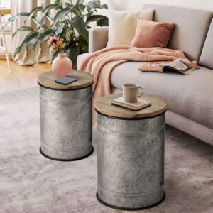 oneinmil Rustic Storage Bins Farmhouse End Table Farmhouse Furniture Galvanized Metal Stool Ottoman Seat with Round Wood Lid Set of 2