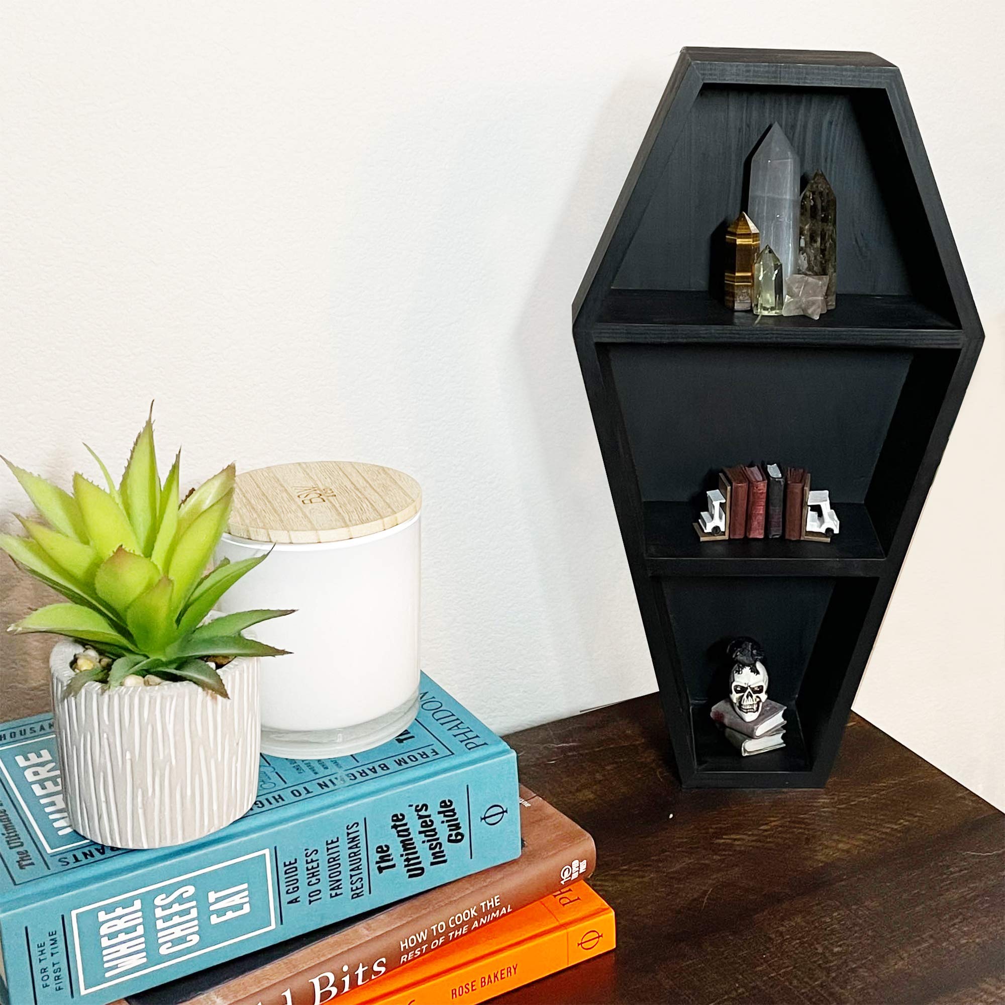 Rory's Creative Designs Coffin Shelf - Solid Pine Wood Black Floating Wall Shelves for Home Bedroom Living Room Bathroom - Spooky Gothic Decor for Witchy Horror Crystal Display - 15" Tall by 8" Wide