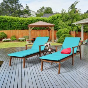 Tangkula Patio Chaise Lounge Sets, Outdoor Acacia Wood Chaise Lounger Chair w/ 4 Adjustable Back Position, Folding Table, 3 Piece Rattan Reclining Chair Set w/Cushion for Lawn Backyard (Turquoise)