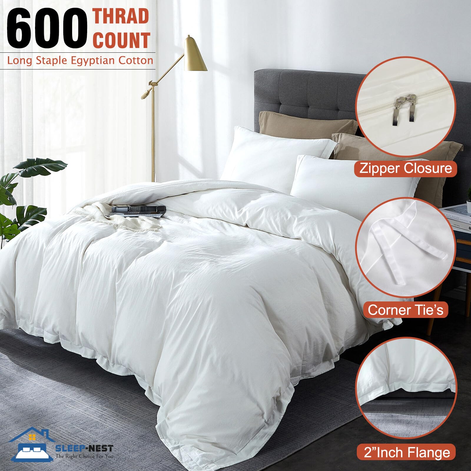 SLEEP-NEST Duvet Cover Set Super King Size 108 x 98 inches 3 Piece 100% Egyptian Long Staple Cotton with Zipper Closure & Corner Ties - 600 TC Ultra Soft Breathable Cover for Comforter, White