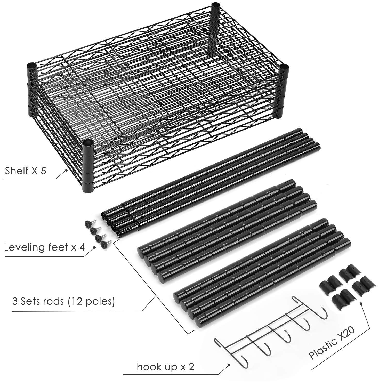 LEHOM 5-Tier Metal Storage Shelves 23.63" L×13.78" W×59.1" H Wire Shelving Unit Storage with Adjustable Leveling Feet for Laundry Bathroom Kitchen,Steel Organizer Wire Rack 220 LBS Capacity