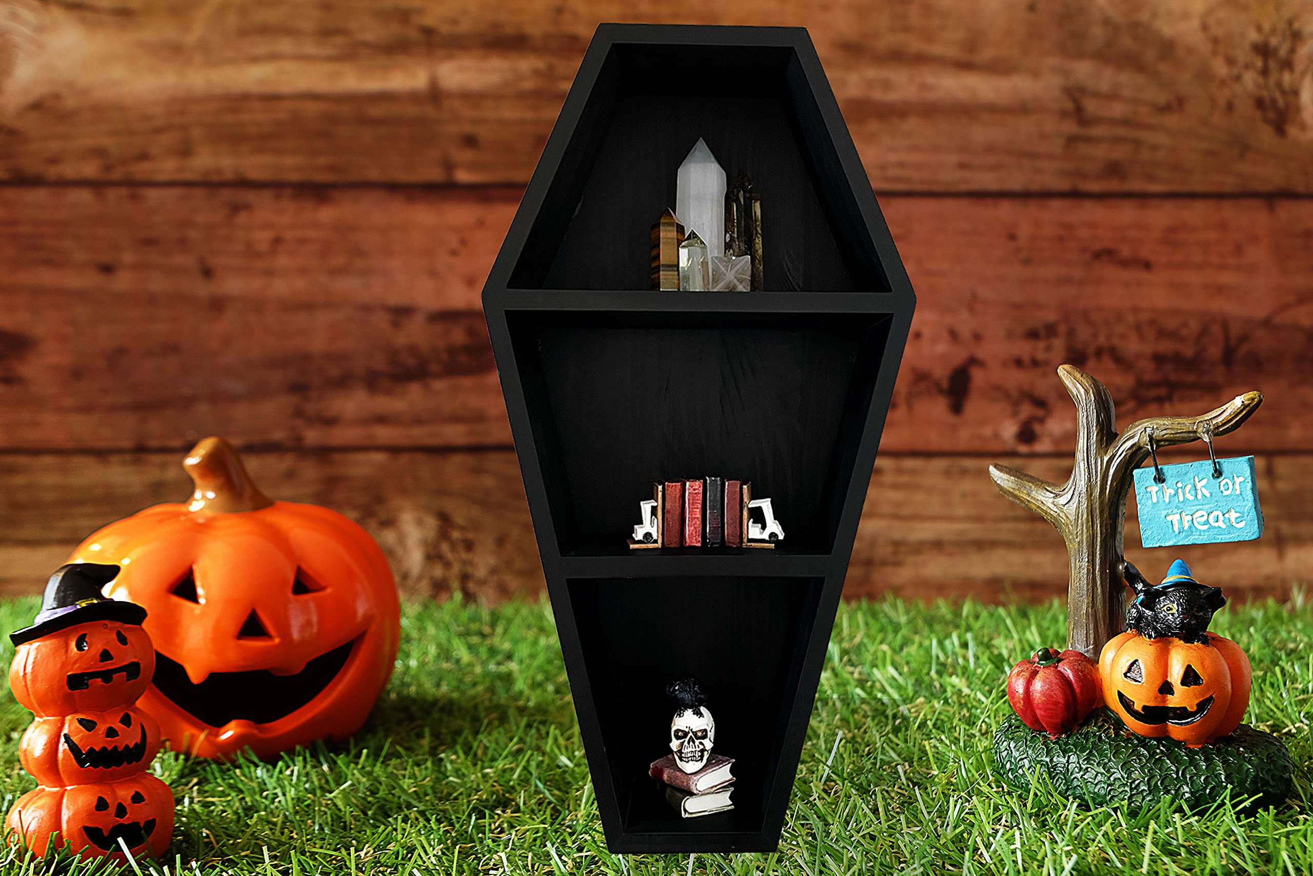 Rory's Creative Designs Coffin Shelf - Solid Pine Wood Black Floating Wall Shelves for Home Bedroom Living Room Bathroom - Spooky Gothic Decor for Witchy Horror Crystal Display - 15" Tall by 8" Wide