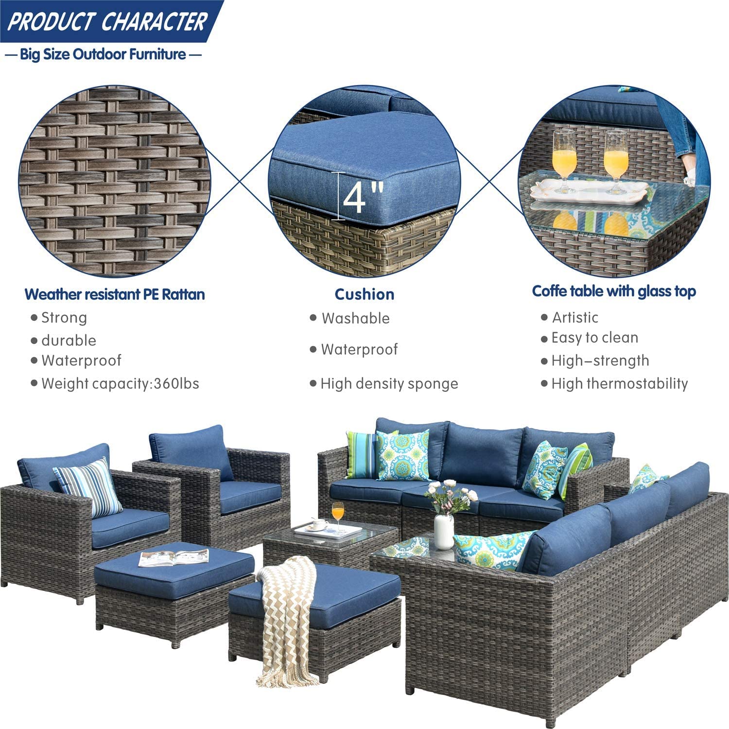 ovios Patio Furniture Set, 12 PCS Big Size Outdoor Furniture Set All Weather Rattan Wicker Sofa Sectional Set with Glass Table, Garden, Backyard, No Assembly Required (Grey-Denim Blue)