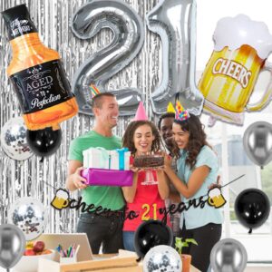 21st Birthday Decorations for him, Black and Silver 21st Birthday Party Decor with Cheers 21 Years Banner, Silver Curtains,Black and Silver Confetti Balloons and Number Balloons