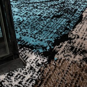 Modern Area Rug for Living Room Abstract in Brown Cream Blue Checkered, Size: 6'7" x 9'2"