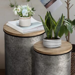 oneinmil Rustic Storage Bins Farmhouse End Table Farmhouse Furniture Galvanized Metal Stool Ottoman Seat with Round Wood Lid Set of 2