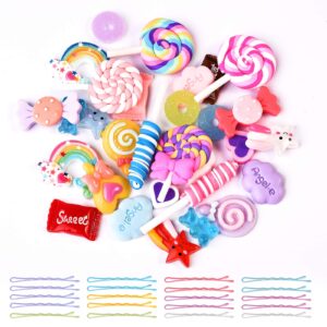 mixed slime charms with hair bobby pins, kawaii candy sweets lollipop assorted flatback resin embellishments supplies for diy crafts scrapbooking hair clip decorations