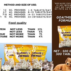 GOATMILK FUMULA 100% Sterilized Goat Milk Replacer 300 Tablets for Dog Puppy Cats Pet Milk Replacer Supplement High Protein Calcium Nourish Bones Teeth Strengthens Immunity Milk Replacement 500 g.