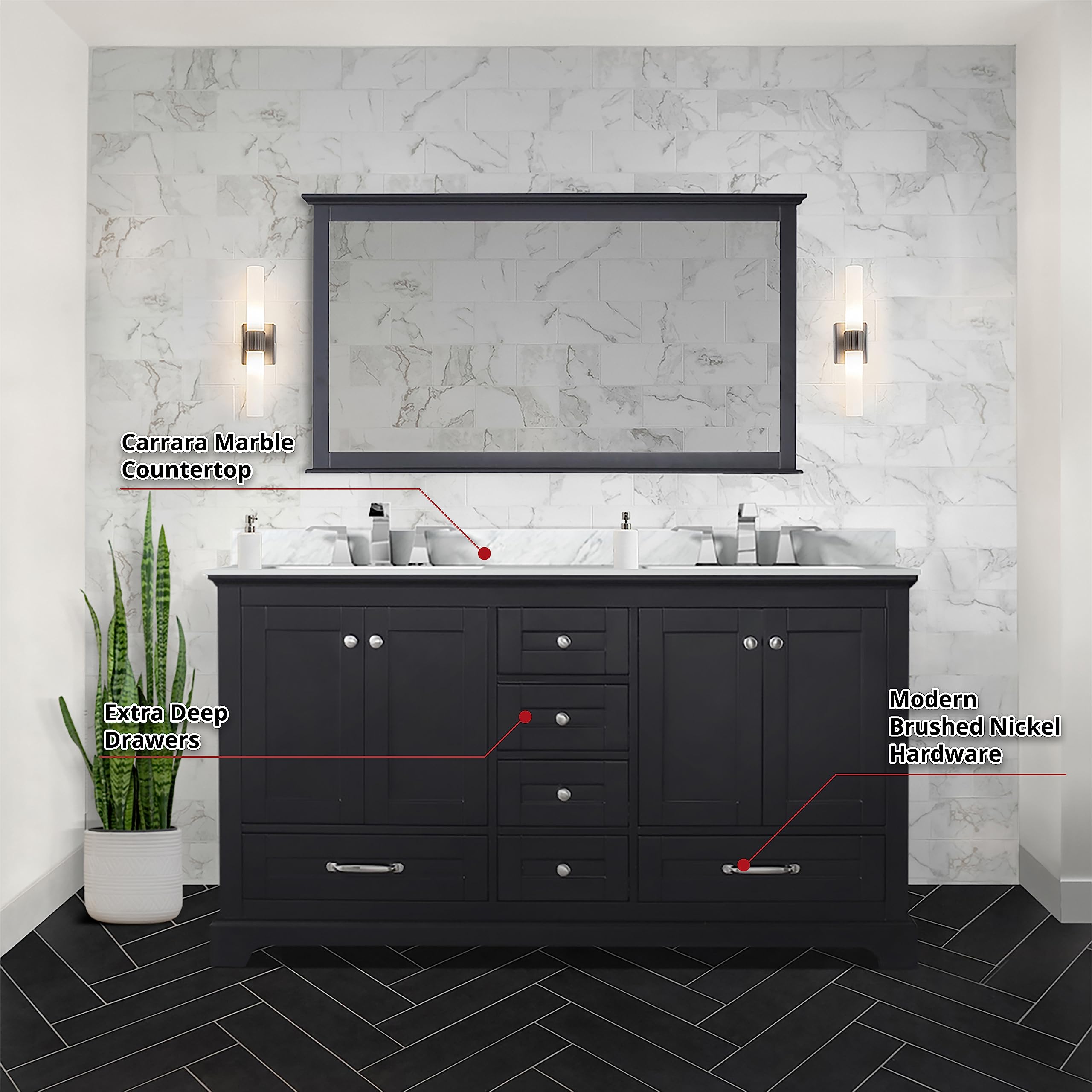 Bell+Modern Tybee 60 in. W x 22 in. D Espresso Double Bath Vanity, Carrara Marble Top and 58 in. Mirror