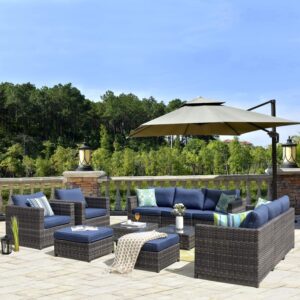 ovios patio furniture set, 12 pcs big size outdoor furniture set all weather rattan wicker sofa sectional set with glass table, garden, backyard, no assembly required (grey-denim blue)