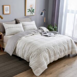 WARMDERN Grey Stripe Boho Duvet Cover Set Queen, 3pcs Ultra Soft Breathable Aztec Cotton Comforter Cover with Zipper Ties, 1 Bohemian White Duvet Cover & 2 Pillowcase(Queen,Grey)