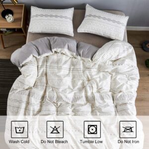 WARMDERN Grey Stripe Boho Duvet Cover Set Queen, 3pcs Ultra Soft Breathable Aztec Cotton Comforter Cover with Zipper Ties, 1 Bohemian White Duvet Cover & 2 Pillowcase(Queen,Grey)