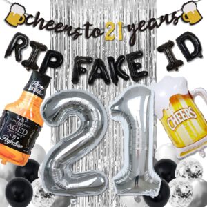 21st birthday decorations for him, black and silver 21st birthday party decor with cheers 21 years banner, silver curtains,black and silver confetti balloons and number balloons