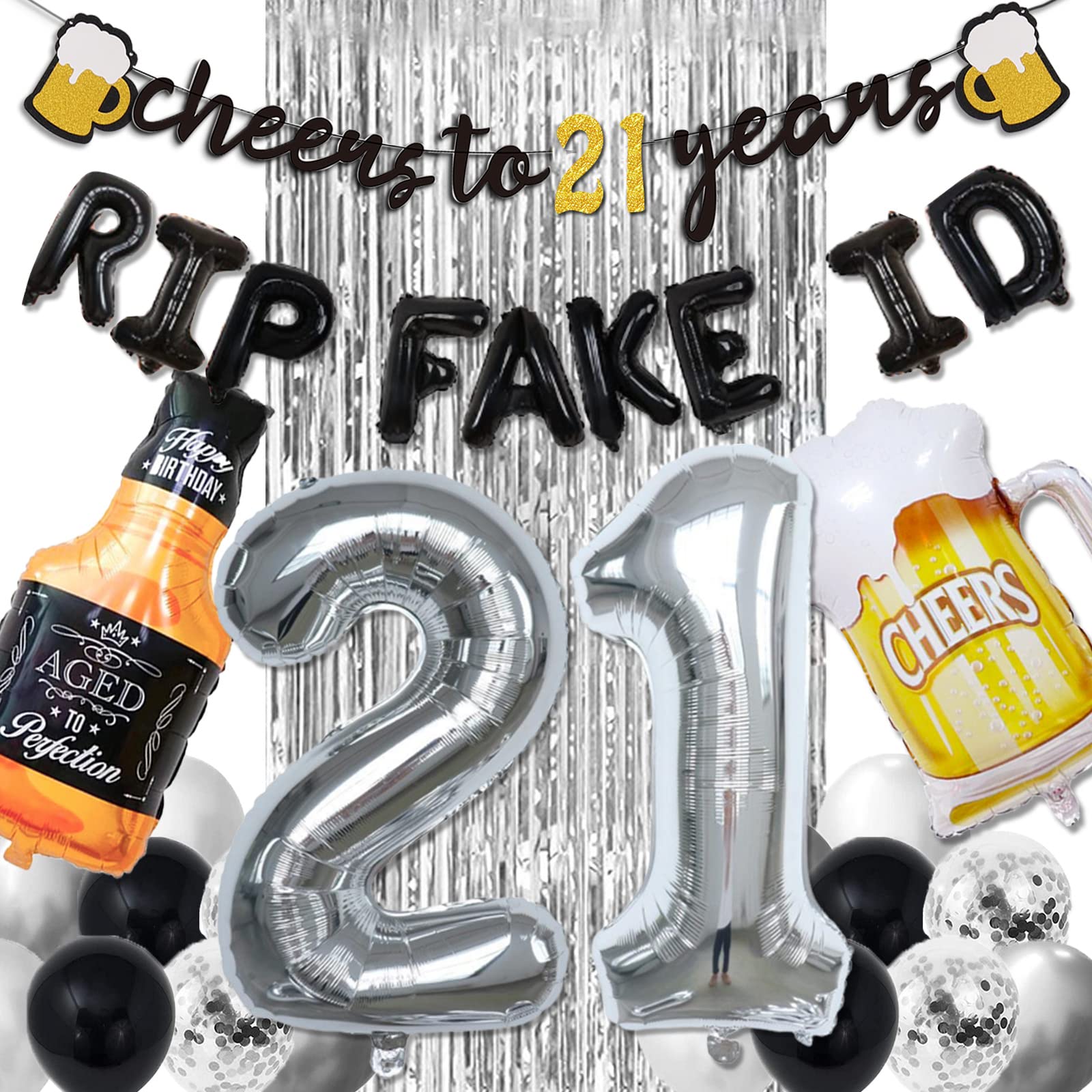 21st Birthday Decorations for him, Black and Silver 21st Birthday Party Decor with Cheers 21 Years Banner, Silver Curtains,Black and Silver Confetti Balloons and Number Balloons