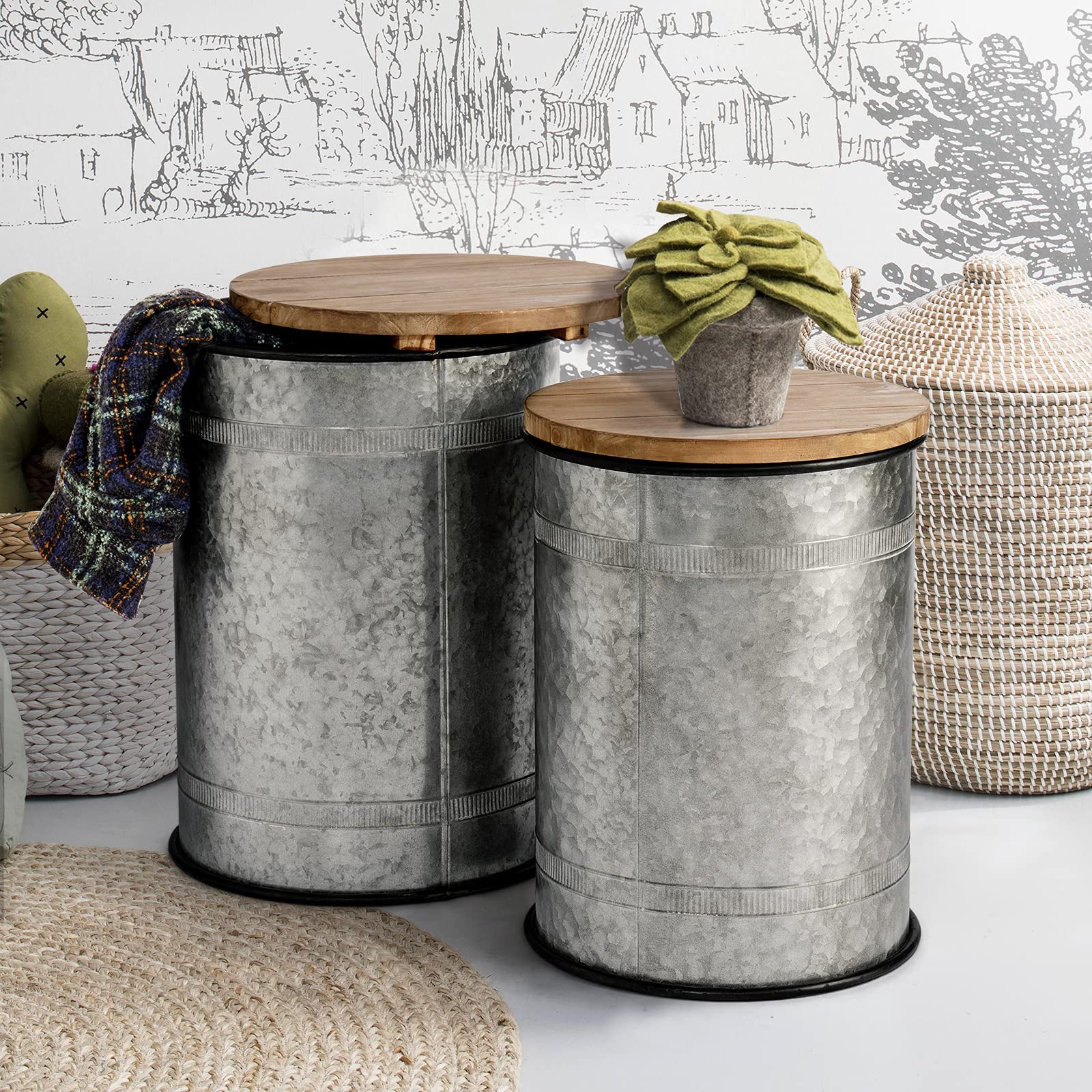 oneinmil Rustic Storage Bins Farmhouse End Table Farmhouse Furniture Galvanized Metal Stool Ottoman Seat with Round Wood Lid Set of 2