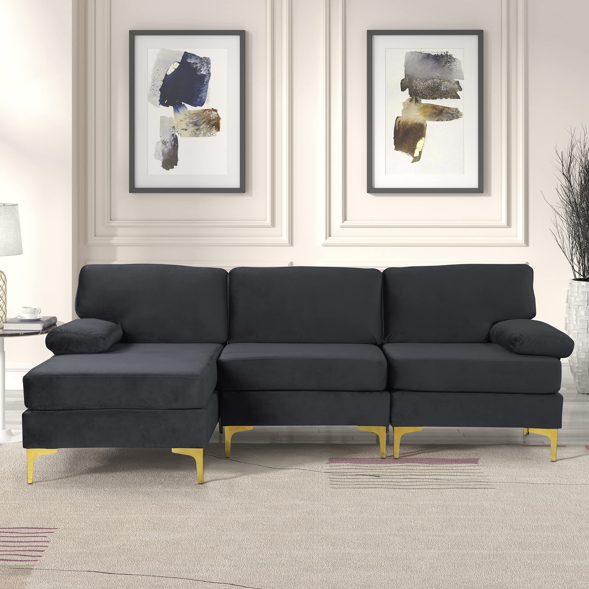 Casa Andrea Milano Modern Large Velvet Fabric Sectional Sofa Couch with Extra Wide Chaise Lounge with Golden Legs