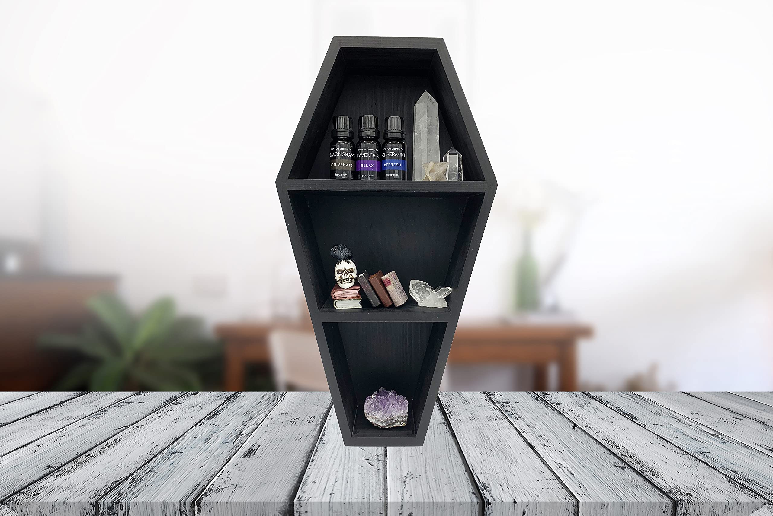 Rory's Creative Designs Coffin Shelf - Solid Pine Wood Black Floating Wall Shelves for Home Bedroom Living Room Bathroom - Spooky Gothic Decor for Witchy Horror Crystal Display - 15" Tall by 8" Wide