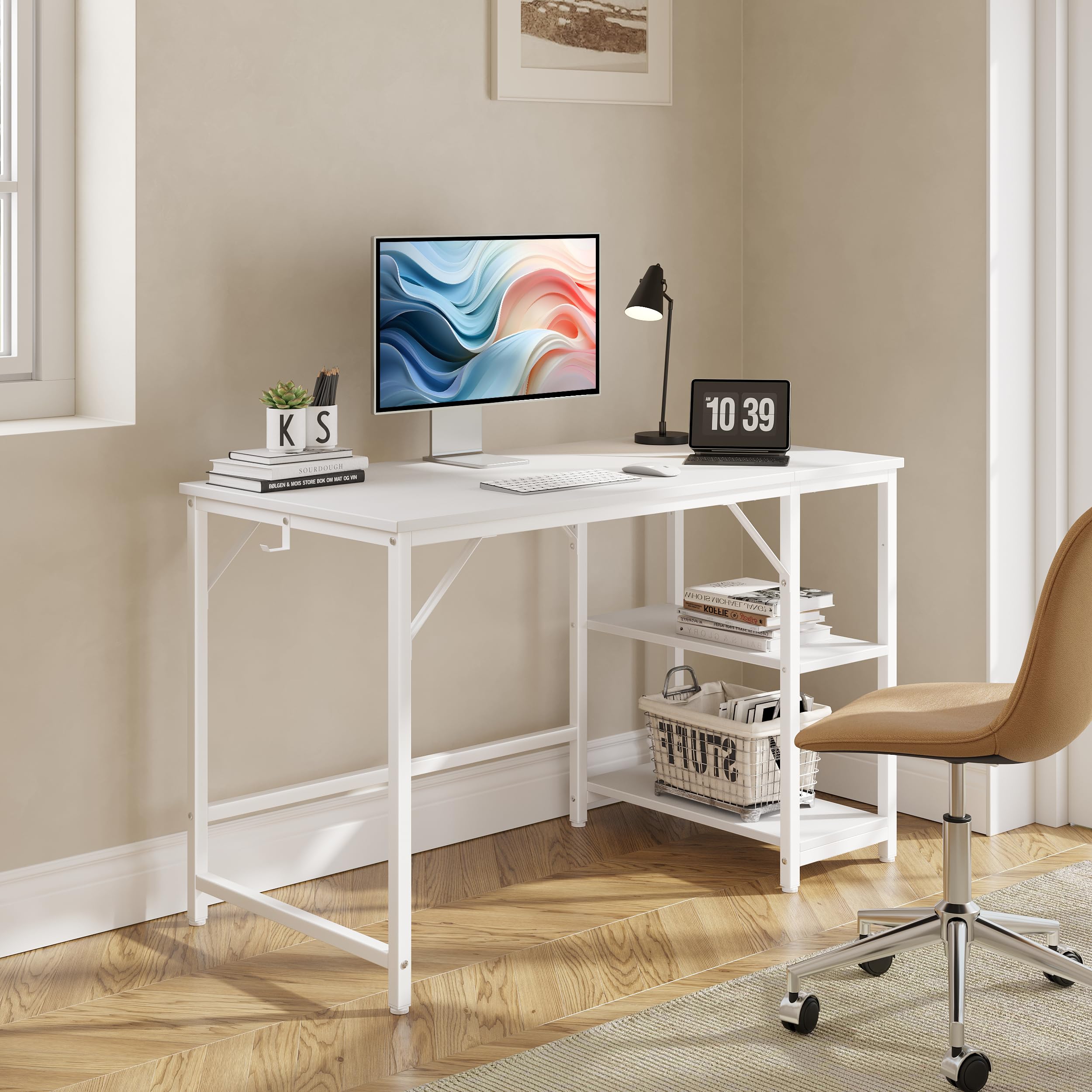 JOISCOPE Home Office Computer Desk with Wooden Storage Shelf,Office White Desk and Gaming Table with Splice Board,2-Tier Industrial Morden Laptop Study Writing Desk,48 x 24 inches(White Finish)