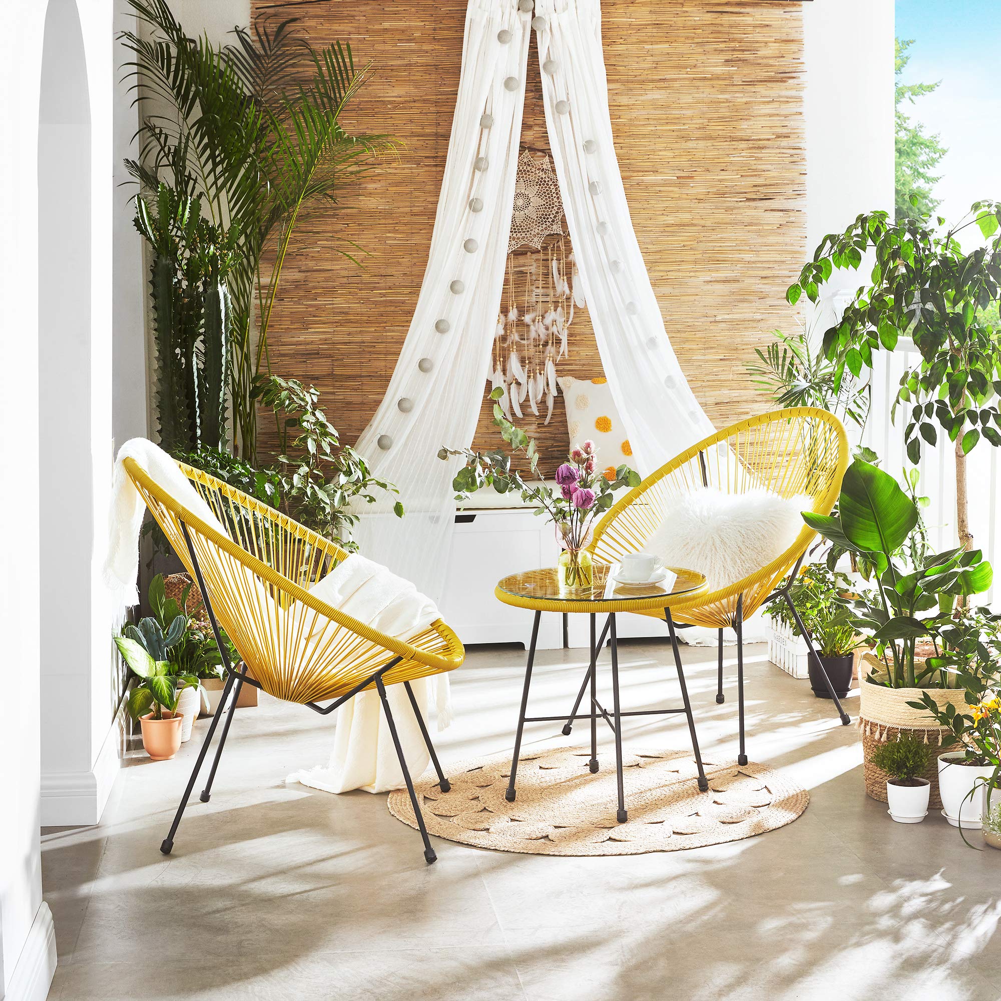 SONGMICS 3-Piece Outdoor Seating Acapulco Chair, Modern Patio Furniture Set, Glass Top Table and 2 Chairs, Indoor and Outdoor Conversation Bistro Set, Yellow UGGF011Y01