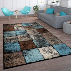 modern area rug for living room abstract in brown cream blue checkered, size: 6'7" x 9'2"